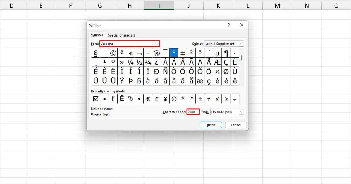 How To Insert A Degree Symbol In Excel 