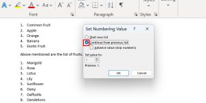 How to Continue Numbering Between Two Lists in Word